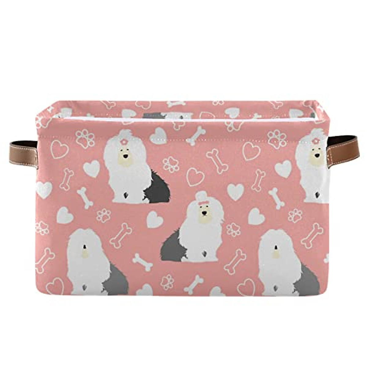 susiyo Pink Old English Sheepdog Open Storage Bins 1 Pack, Large Canvas Storage Baskets with PU Handles Collapsible Storage Box Organizers for Home Closet Nursery Toys Dorm Office Laundry