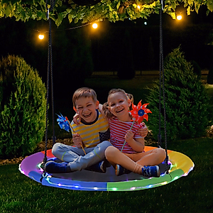 Costzon 40” Flying Saucer Tree Swing with LED Lights for Kids Adults, Indoor Outdoor Saucer Swing with Adjustable Multi-Strand Hanging Ropes, Safe Round Swing for Tree, Swing Set, Backyard (Colorful)