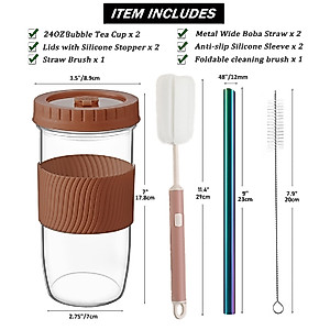 Amyoole 2 Pack Reusable Boba Cup,24Oz Wide Mouth Smoothie Cup,mason Jar Glass Cups with Lids and Straws,Bubble/Boba Tea Cups,Ice Coffee Tumbler 2 colored straws 1 sponge brush(Brown)