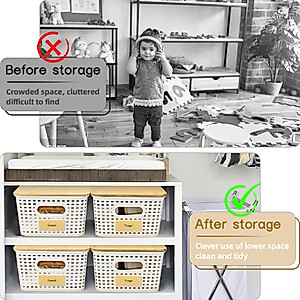 MOSANEE Small Plastic Storage Bins with Bamboo Lids 6 Packs,Decorative Storage Containers,Stackable Baskets for Organizing with Cute Label for Shelves Cabinets Pantry Playroom Office Home,Cream White