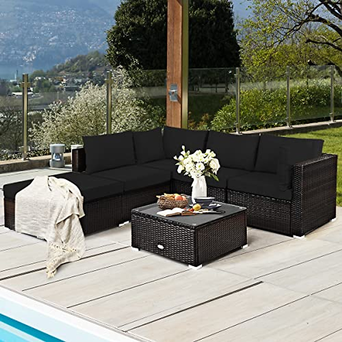 HAPPYGRILL 6 Pieces Patio Conversation Set Outdoor Wicker Furniture Set Rattan Sofa Set with Seat & Back Cushions Coffee Table for Patio Garden Lawn Poolside Backyard