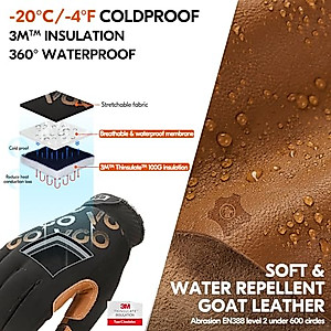 Vgo... 1-Pair -4℉ or above 3M Thinsulate C100 Winter Warm Waterproof Light Duty Mechanic Glove, High Dexterity, Anti-abrasion, Rigger Glove (Size XL, Brown, GA9603FW)