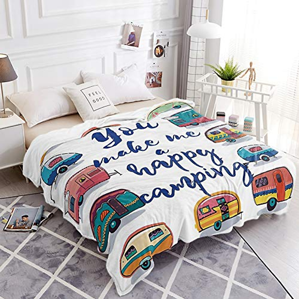 SUN-Shine Camper Throw Blanket RV Blankets You Make Me Happy Camping Caravans White Cartoon Travel Throws Warm Cozy Microfiber All Seasons Blanket for Bed Sofa Couch Stadium 40x50inch