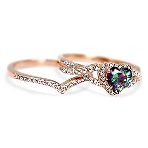 1 carat Simulated Black Mystic Topaz Heart CZ Wedding Ring Set for Women Size 10