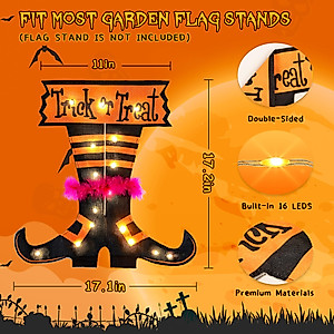 Qunlight Halloween Trick Or Treat Graden Flag lights without flag pole, Double Sided Witch Feet Flag Banner 17.1*17.2Inch ,16 Warm White LED with 8modes Solar Panel, Decorations for Outdoor,Yard ,Home