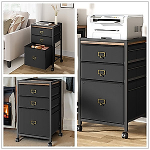 Gyabnw 2 Home Office, Small Rolling, Printer Stand Fits A4 Or Letter Size, Fabric Wheels-Rustic Black, 3 Drawer Vertical File Cabinet