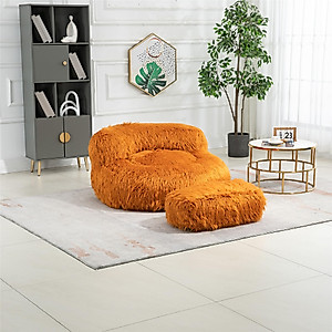 Plush Memory Foam Lounge Chair with Ottoman - Oversized Recliner High Back Lazy Sofa Chair with High Resilience Foam, Solid Wood Frame, Iron Legs - Comfortable Single Living Room Chair (Orange)