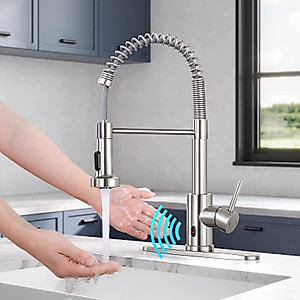 HGN Touchless Kitchen Faucet with Pull Down Sprayer, Motion Spring Sink Faucets with 10'' Deck Plate,Single Handle Spring Kitchen Sink Faucet,Brush Nickel