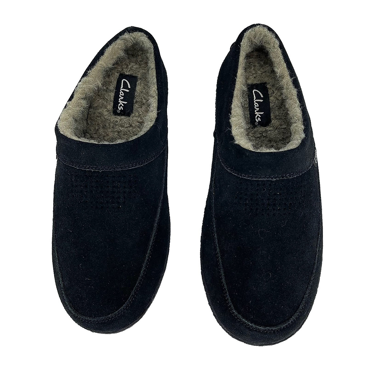 Clarks Mens Slipper Perforated Suede Leather Upper JMS0721 - Warm Plush Sherpa Lining - Indoor Outdoor House Slippers For Men (10 M US, Black)