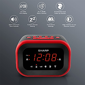 Sharp Big Bang Super Loud Alarm Clock for Heavy Sleepers, 6 Extremely Loud Wake Up Sounds: Rooster, Bugle, Nagging Mom, Jackhammer, Siren, Beep – Up to 115db Volume, Red/Black with Red LED Display