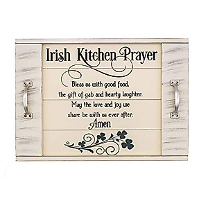 Irish Blessing Kitchen Prayer Serving Tray with slatted Wood Look 18"x12" with Silver Finish Metal Handles Irish Shamrock Motif and Prayer. Rustic Farmhouse Modern Irish Decorative Large Platter