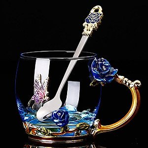 Bellairis Tea Cup with Lid, 11oz Glass Tea Cups with Spoon & Cleaning Cloth & Coaster, Enamels Butterfly Flower Coffee Mug,Gifts for Women Mom Wife Valentines Wedding Mother's Day (Blue)