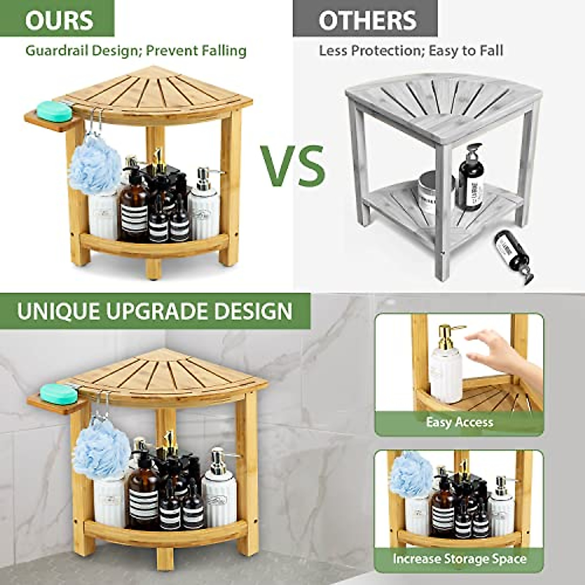 ETECHMART Bamboo Corner Shower Stool for Shaving Legs Foot Rest, Waterproof Bath Bench Seat with Storage Shelf and Soap Dish for Bathroom Inside Shower, Use as Small Corner Table Step Stools, Bamboo