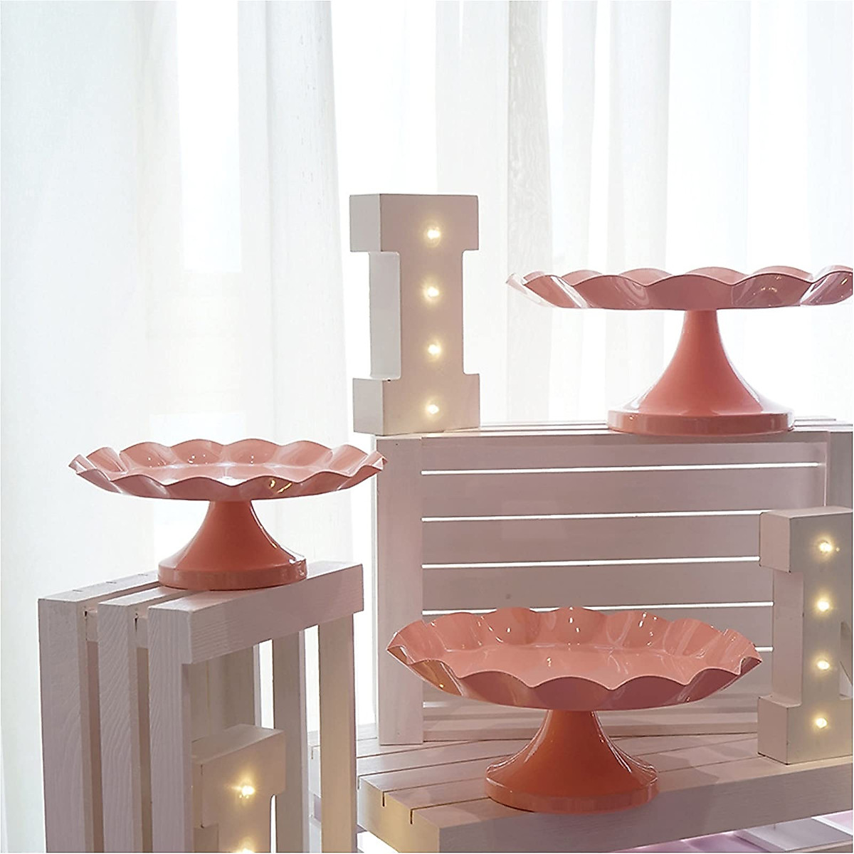 ATRDTO Set of 3 Pcs Wave Rim Cake Stands Iron Cake Holder Dessert Display Plate Serving Tray for Baby Shower Wedding Birthday Party (Pink)