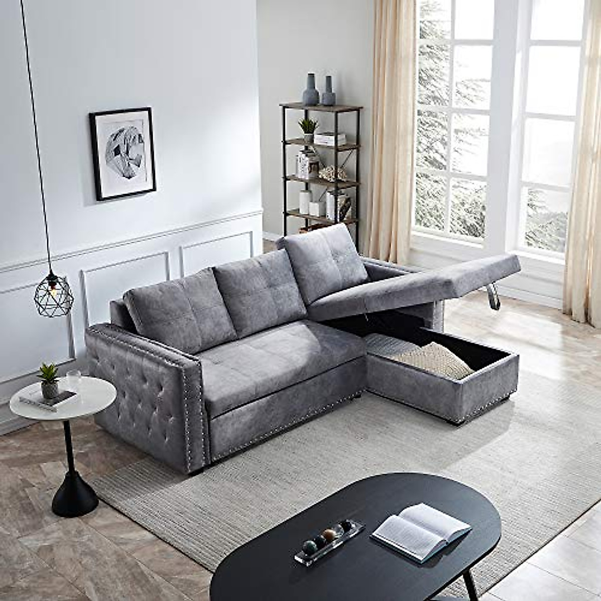 JULYFOX Gray Sectional Sofa with Storage Chaise, Mid Century Modern Reversible L-Shaped Sleeper Sectional Sofa Bed Button Tufted Copper Nail Head Trim 90 inch Wide for Living Room Office