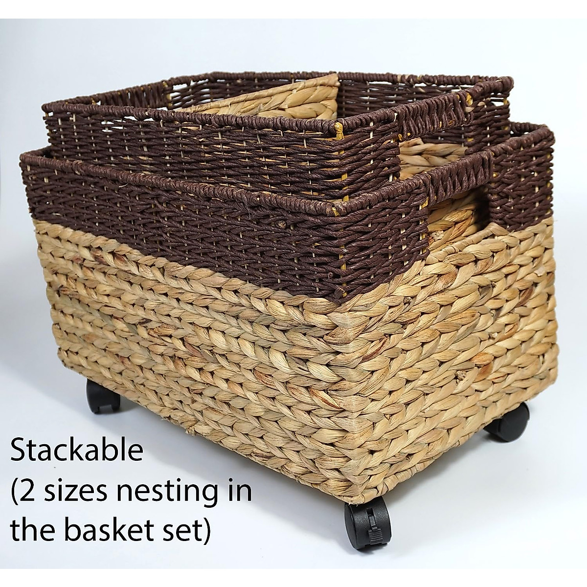 PEMAR Set 2 (different sizes nesting in a set) Natural Wicker Rolling Storage Baskets on Wheels w Insert Handle, Under Table Under Desk Storage Bins, Mobile File Cabinet Organiser. Water Hyacinth