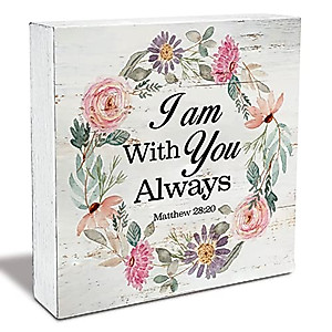 Bible Verse I am with You Always Wood Box Sign Inspirational Rustic Scripture Wooden Box Sign Christian Home Office Desk Shelf Decor (5 X 5 Inch)