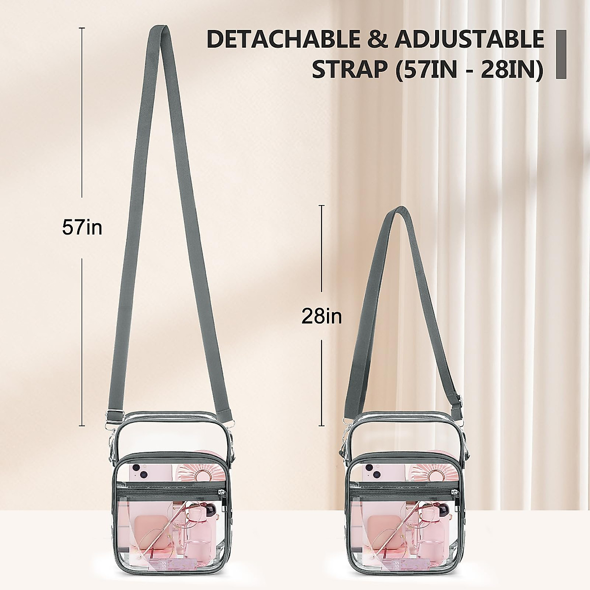 Blvornl Clear Crossbody Bag with Adjustable Shoulder Strap, Stadium Approved PVC Clear Purse Bag with Front Pocket, Clear Messenger Bag for Women and Men for Concerts Sports Events (Grey)