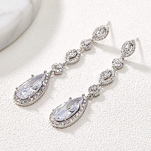 SWEETV Long Pear-Shaped Wedding Birdal Earrings for Brides, Bridesmaids, Crystal Chandelier Dangle Drop Earrings for Women Prom, Silver