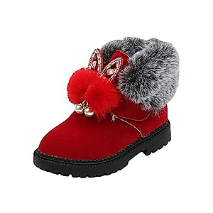 Lykmera Kids Baby Girls Warm Shoes Princess Boots Shoes Fashion Hairball Cotton Boots Snow Boots Toddler School Boots Shoes (Red, 3.5-4 Years Toddler)