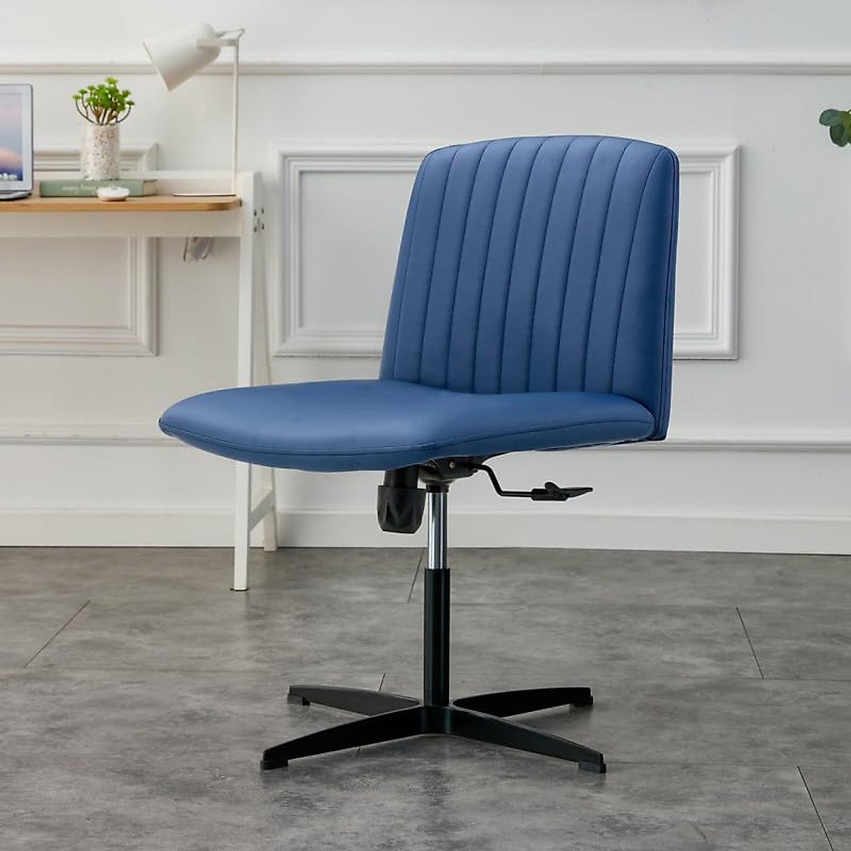TURRIDU Criss Cross Chair No Wheels, Armless Office Chair with Wide Seat and Mid Back, Height Adjustable Swivel Cross Legged Office Chair Computer Vanity Chair for Home, Office, Small Space, Blue
