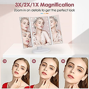 TiKenSo Trifold Vanity Mirror with Lights，Tabletop Mount Makeup Mirror with Lights and 1x/2x/3x Magnification 21LED Mirror Touch Screen Two Power Supply Modes Make Up Mirror