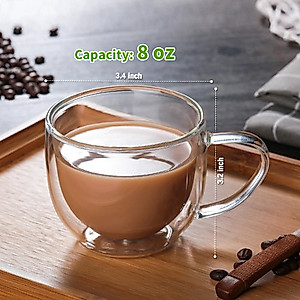 Double Walled Glass Coffee Mugs Set of 2, 8 oz Hand Blown Insulated Coffee Mugs with Handle, Clear Coffee Mugs for Cappuccino, Latte, Americano, Tea Bag, Beverage Glasses Heat Resistant Coffee Cups