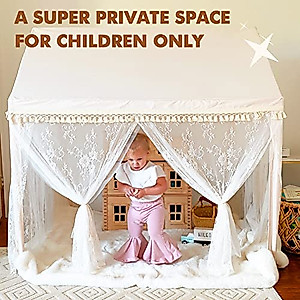 HAN-MM Kids Play Tent Large Playhouse with Mat/Star Light/Star Garland/Tassel Macrame Boho Style Indoor&Outdoor Play Tent for Kids, Neutral Color, 52x35x52, Lace Tassel