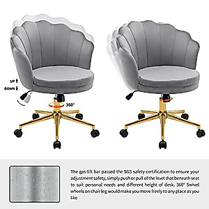Furnimart Home Office Chair with Wheels Upholstered Comfy Velvet Desk Chair Stool, Adjustable Swivel Modern Seashell Back Vanity Chair for Living Room, Bedroom, Office (Grey)