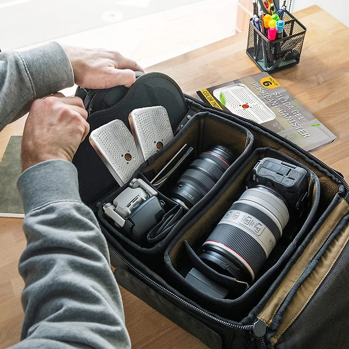 4 Packs 40Gram Indicating Silica Gel Desiccant Canister (Orange to Dark Green), Reusable Dehumidifier Desiccant, Moisture Absorbing, No Cobalt II Chloride