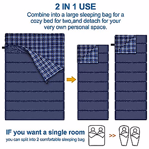 Cotton Flannel Double Sleeping Bag for Camping, Backpacking, Or Hiking. Queen Size 2 Person Waterproof Sleeping Bag for Adults Or Teens. Truck, Tent, Or Sleeping Pad, Lightweight（Pillows NOT include