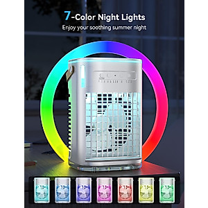 BALKO Small Air Conditioner, 5400mAh Built-in Battery Evaporative Air Cooler, 2 Ice Packs, 7H Timer Smart Auto-Off &Remote, 7 Lights, 1200ML Water Tank, 2-Level Mists, 3-Speed Personal Air Conditioner