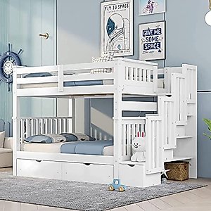 Harper & Bright Designs Full Over Full Bunk Bed with Stairs for Adults,Wooden Full Bunk Beds with 6 Storage Drawers and Shelves, Detachable Full Size Bunk Beds for Teens,Kids,Boys & Girls,White