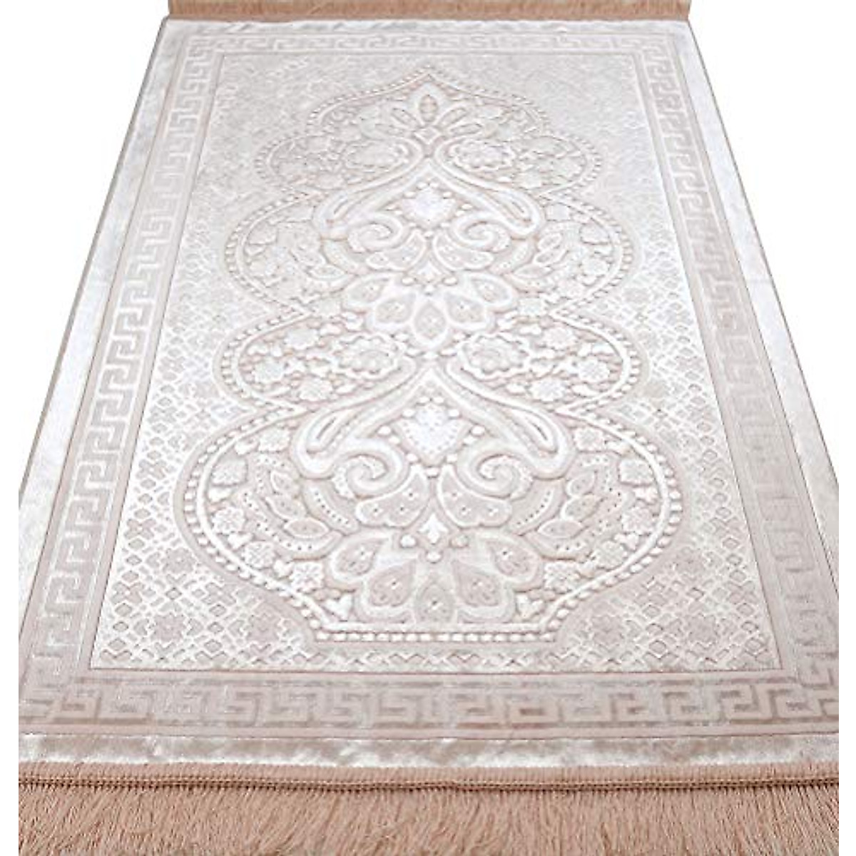 Modefa Velvet Prayer Rug - Soft Plush Turkish Janamaz Sajada Carpet for Men and Women - Plain Solid Prayer Mat Ramadan Eid Gift - with Prayer Beads - Floral Luxury Paisley (Blush Pink)