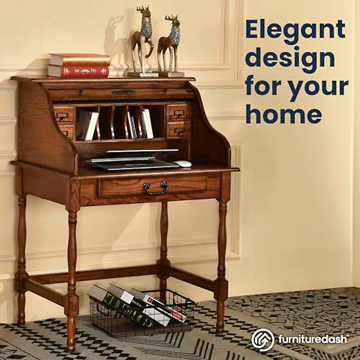 Furniture Dash - Mini Roll Top Desk USB - Standing Desk - Desk with Drawers - Rolling Desk - Wooden Desk - 32" W x 24" D x 44.5" H - 66lb (Burnished Walnut Finish)