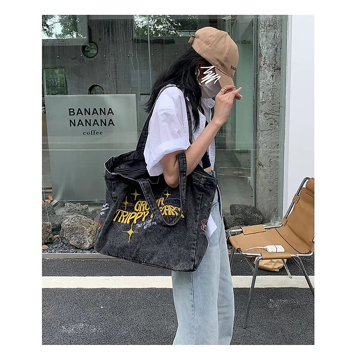 Crossbody Bags for Women Casual Denim Bags Embroidery Shoulder Bag Zipper Handbag Tote Ladies Messenger Bag (Black)