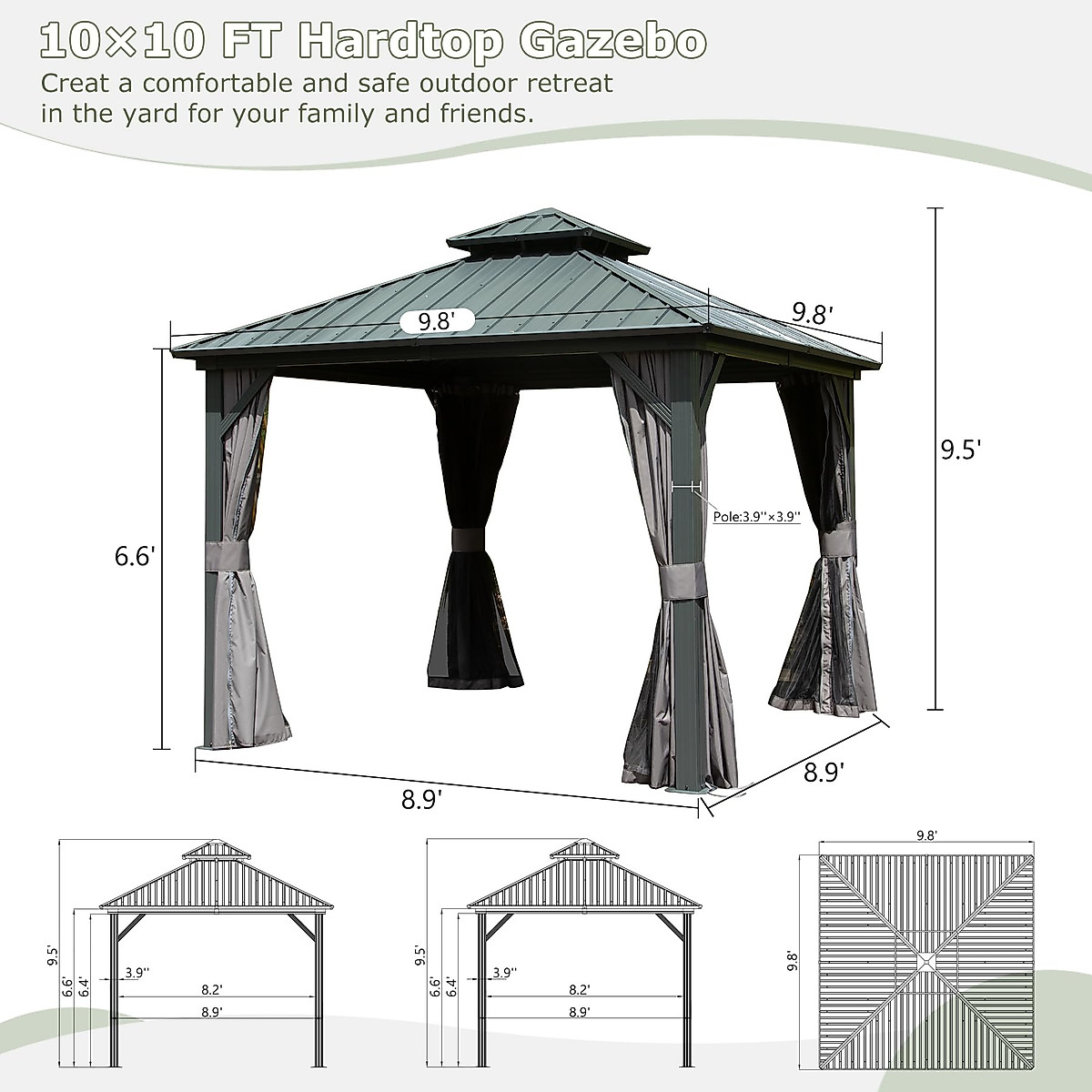 Domi 10' x 10' Hardtop Gazebo Outdoor Metal Gazebo with Galvanized Steel Double Roof Canopy, Curtains and Netting for Patio, Backyard, Deck, Lawn, Grey