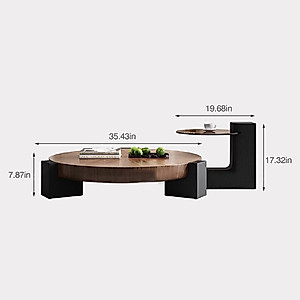 Round Coffee Table, 36in 2-Part Unique Modern Wooden Coffee Tables for Living Room Bedroom Coffee, Solid Wood Coffee Table Leg & Top, Brown Explosion-Proof Glass Small Top