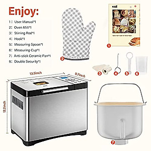 KBS Automatic 19 in 1 Bread Machine, 2LB Bread Maker with Fully Stainless, Dough Maker, 3 Crust Colors & 3 Loaf Sizes, 15H Timer and 1H Keep Warm Setting, Recipes and Oven Mitt…