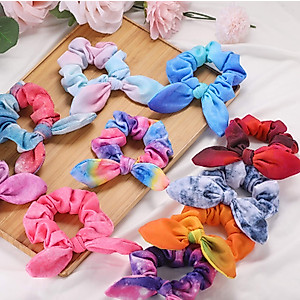 Bow Scrunchies for Hair, Funtopia 12 Pcs Cute Rabbit Bunny Ear Scrunchies, Fashion Colorful Tie Dye Scrunchy Hair Ties Bowknot Ponytail Holders for Women Girls Kids