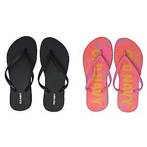 Old Navy Women Beach Summer Casual Flip Flop Sandals (9 Tropical Print Logo & Black Flip Flops) with Dust Cover