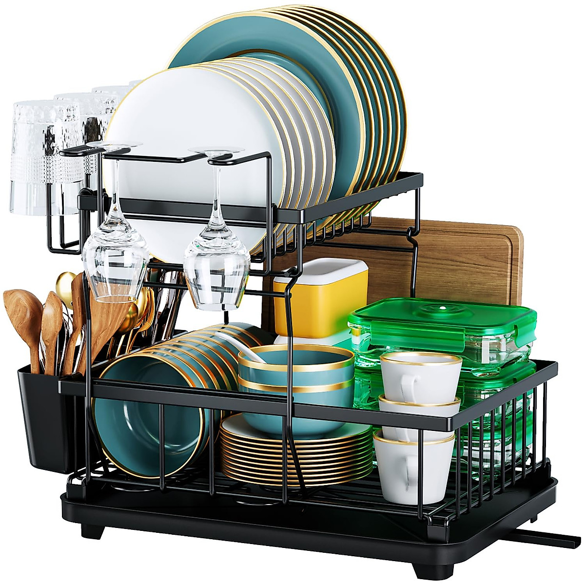 Naturous Large Dish Drying Rack Drainboard Set, Stainless Steel 2 Tier Dish Racks for Kitchen Counter, Detachable Dish Drainer with Utensils Holder, Cutting Board Holder,Cup Holders