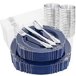 Hioasis 175pcs Blue Plastic Plates - Blue and Silver Plastic Plates Disposable Include 25 Dinner Plates,25 Dessert Plates,25 Knives,25 Forks,25 Spoons,25 Napkins Perfect for Wedding & Parties