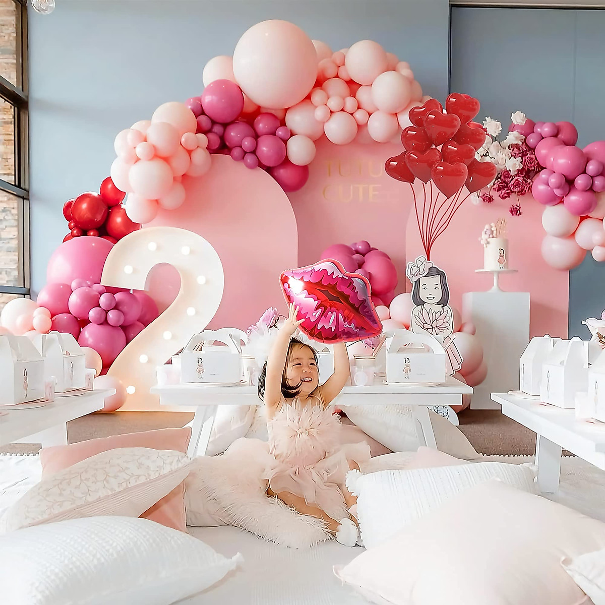 Pink Red Balloon Garland Arch Kit Macaron Pink Retro Pink Red Balloons Heart Lip Balloons for Valentines Mothers Day Bridal Shower Baby Shower Bachelorette Anniversary Party Decoration Supplies