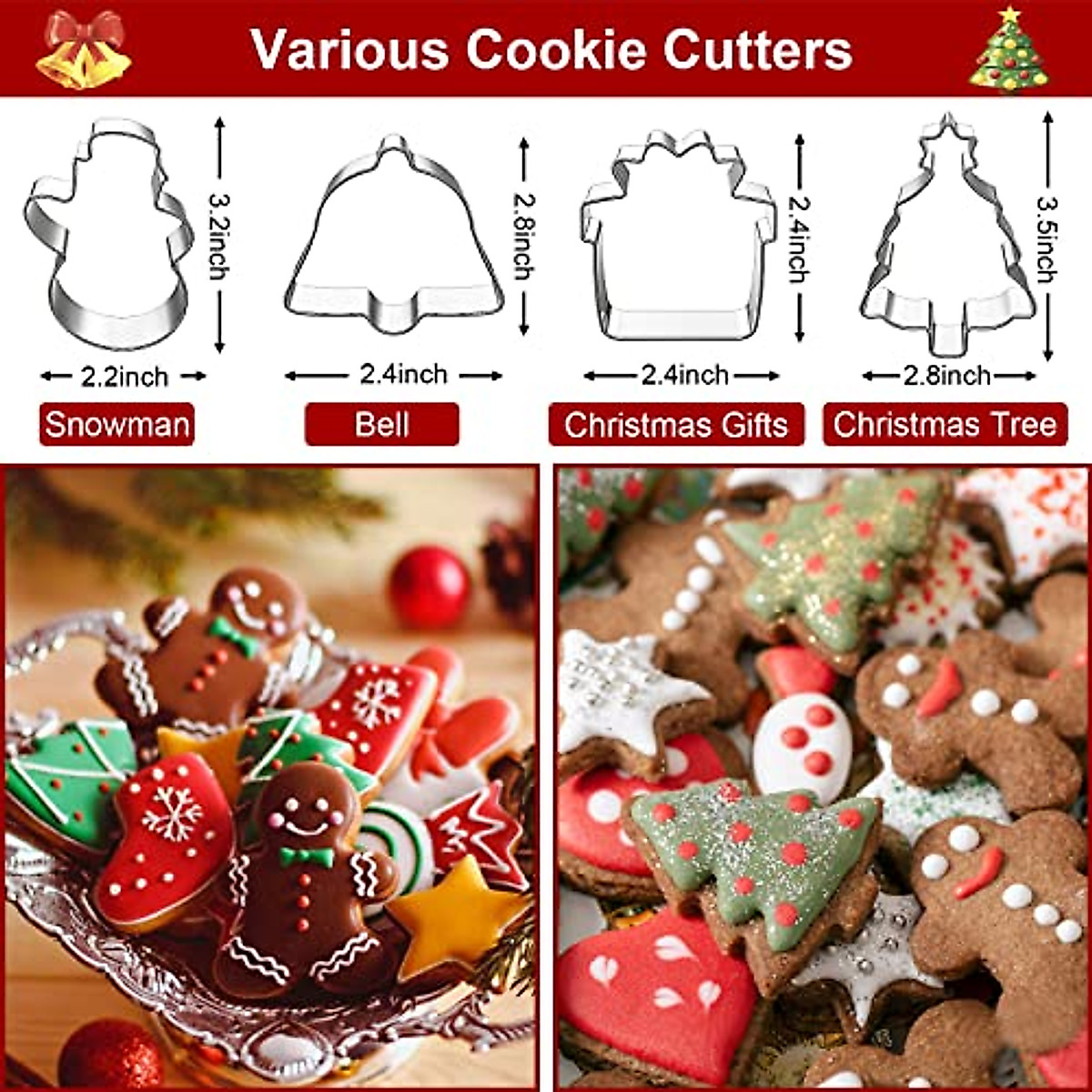 16 Pcs Christmas Cookie Cutters, Holiday Cookie Cutters Metal Cookie Cutters Including Gingerbread Man Snowflake Christmas Tree Reindeer and More