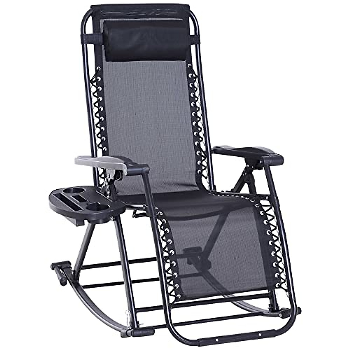 Outsunny Outdoor Rocking Chairs, Foldable Reclining Zero Gravity Lounge Rocker w/Pillow, Cup & Phone Holder, Combo Design w/Folding Legs, Black