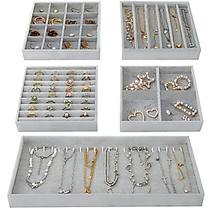 Fixwal Jewelry Tray, Set of 5 Jewelry Tray for Drawer, 14in Stackable Jewelry Organizer, Jewelry Storage for Earring, Necklace, Bracelet, Watch with Removable Divider, Grey