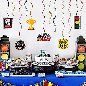 LINGTEER Race Car Two Fast Birthday Swirls Streamers - Let's Go Racing Happy 2nd Birthday Party Hanging Decorations Sign.