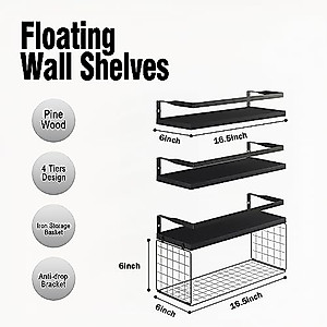 Floating Shelves with Storage Basket Rustic Solid Wood Bathroom Shelves Farmhouse Wall Hanging Shelf Mounted Wall Decor for Living Room Kitchen Pantry Bedroom Shelves Over Toilet (Black)