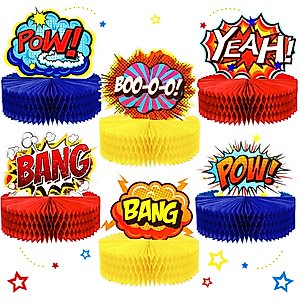Skylety 6 Pcs Hero Themed Party Decoration Hero Honeycomb Centerpieces Hero Party Supplies 3D Table Topper Paper Hero Action Sign Table Topper Decor 7.5 x 7.8 Inch for Happy Birthday Baby Shower Favor